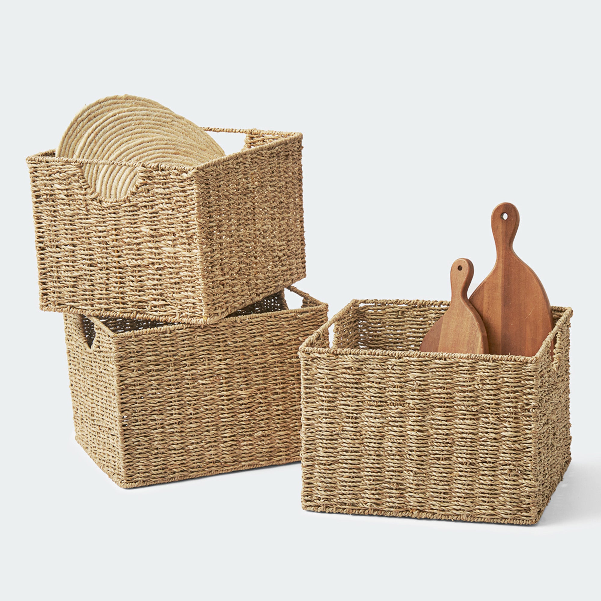 Cube Seagrass Handle Wicker Basket Set of 3 - Artera Home