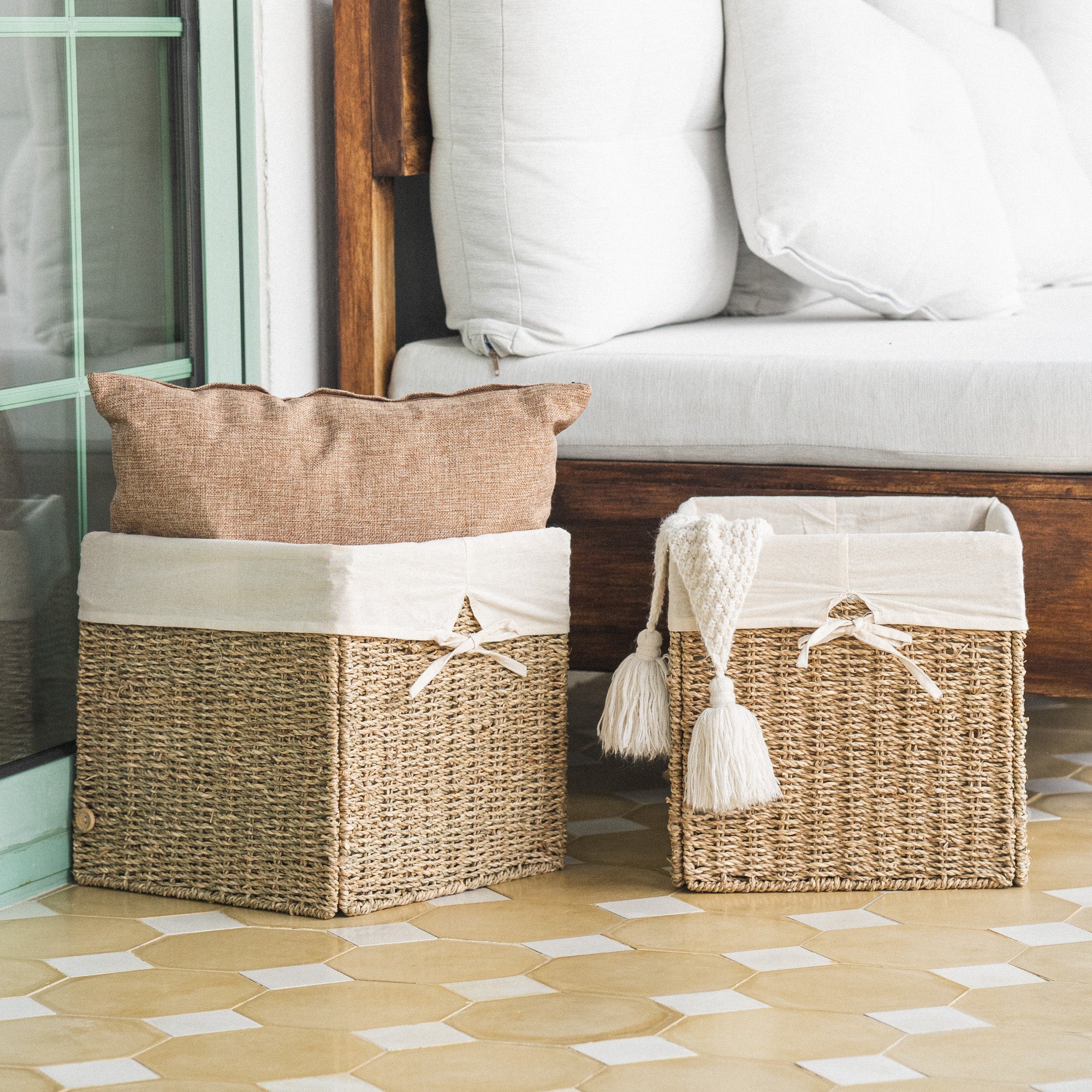 Cube Seagrass Wicker basket Set of 2 With Linen - Artera Home