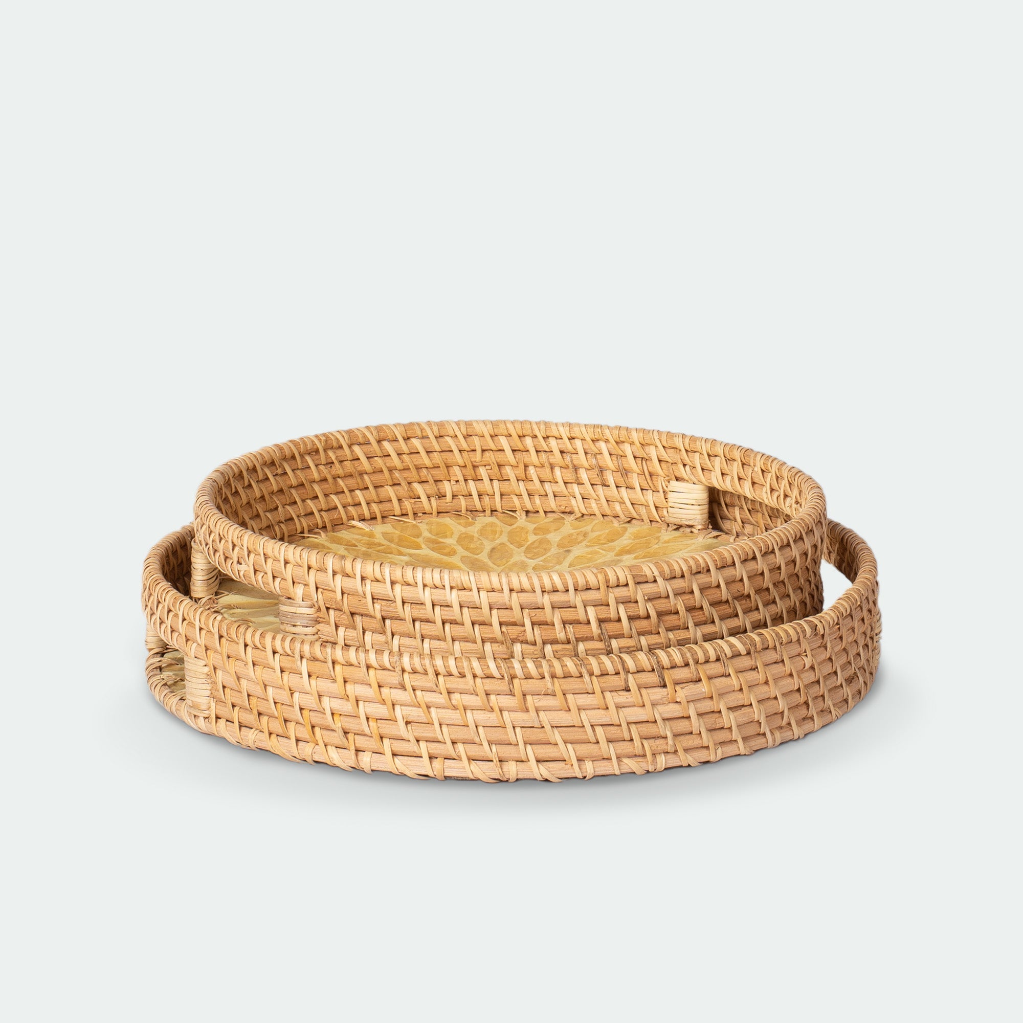 Mother of Pearl Inlay Rattan Wicker Tray Set Of 2 - Artera Home