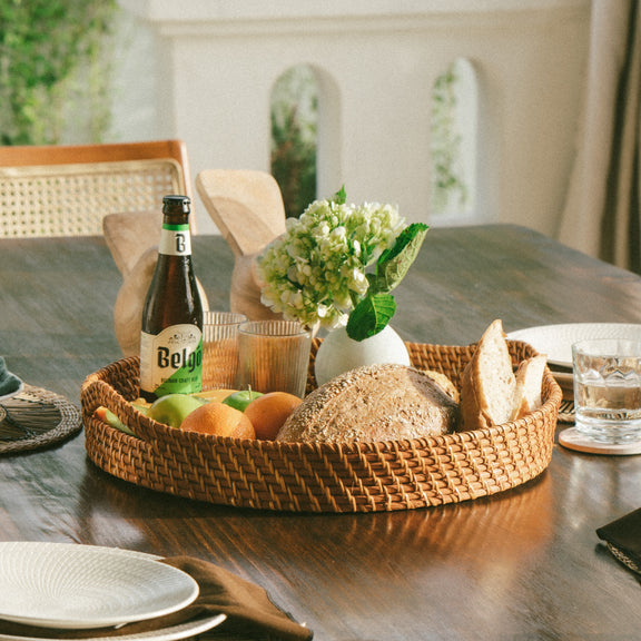 Round Rattan Wicker Tray with Handles - Artera Home