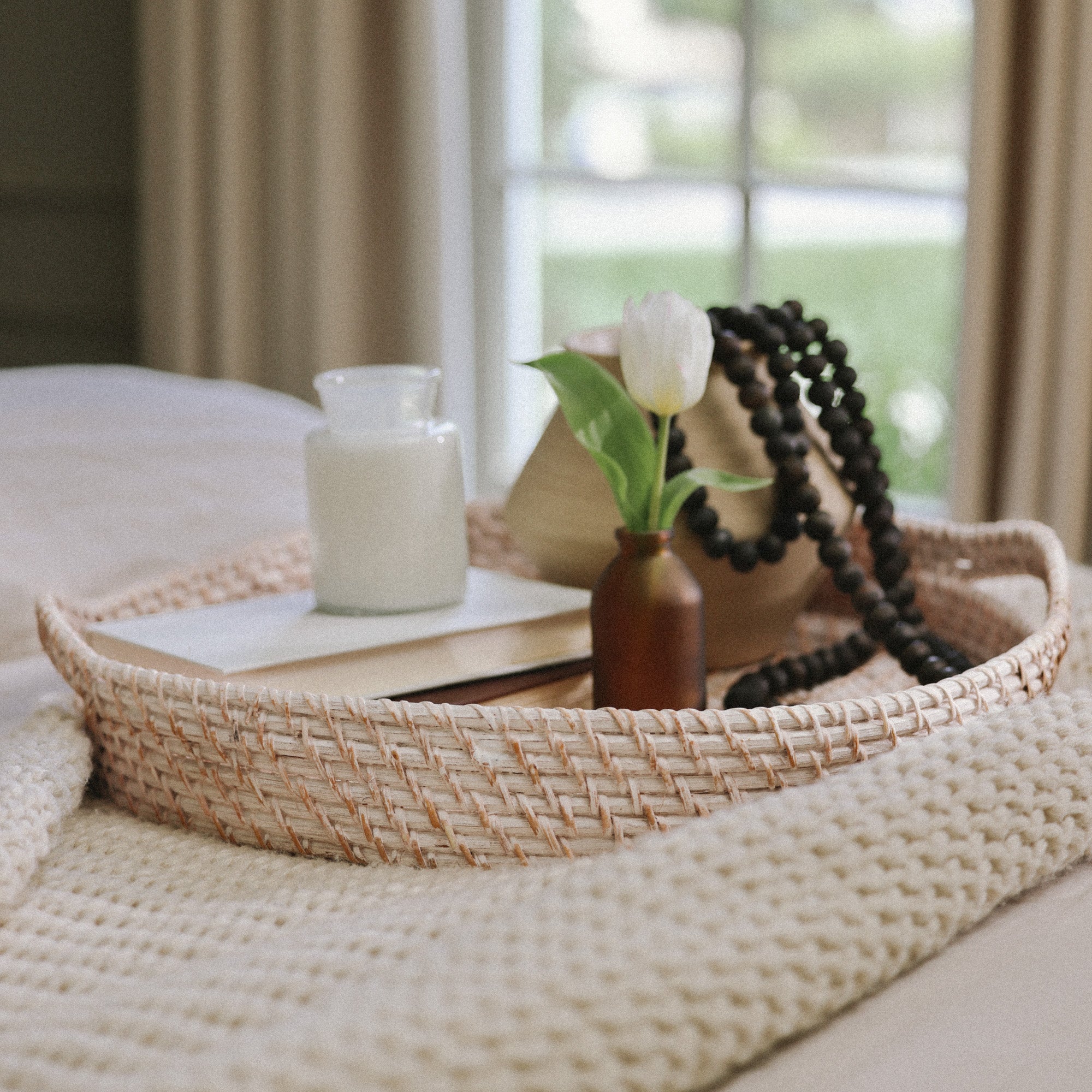 Round Rattan Wicker Tray with Handles - Artera Home