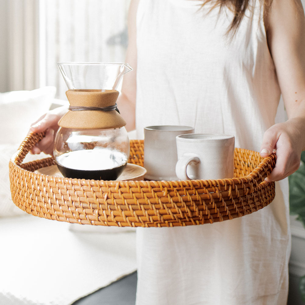 Round Rattan Wicker Tray with Handles - Artera Home
